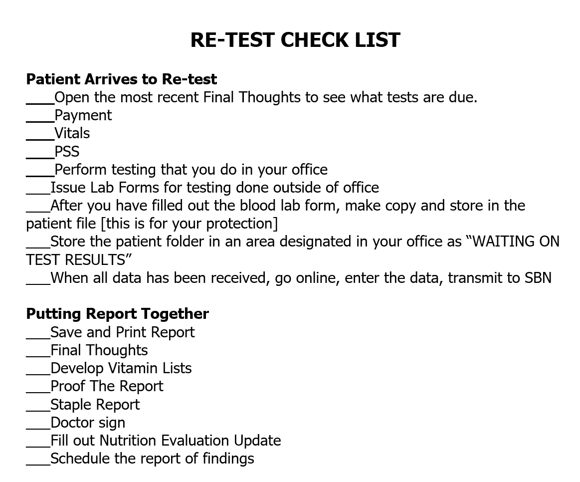 Re-Test Patient Checklist | Science Based Nutrition