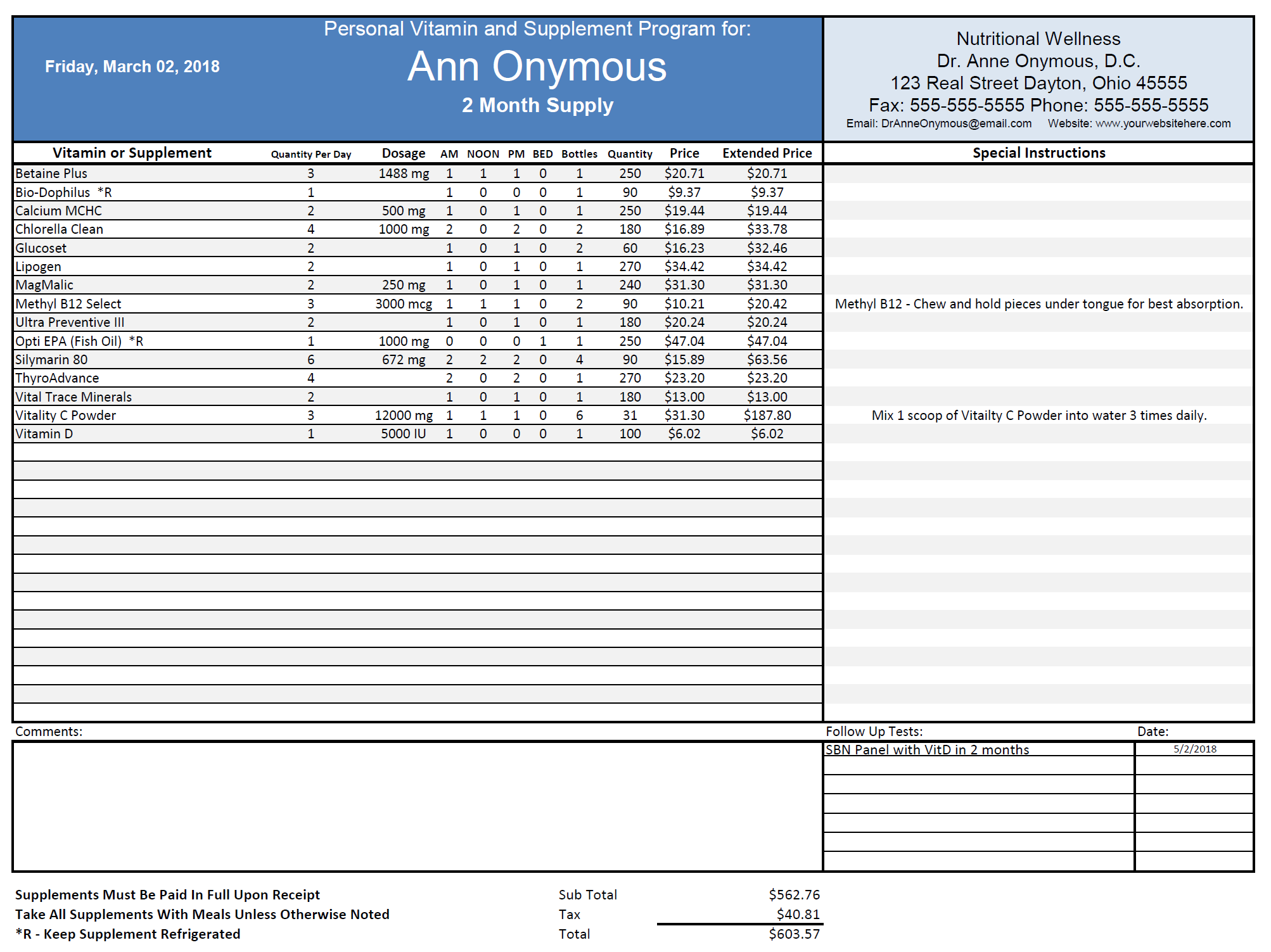 Vitamin Spreadsheet Sample for Patients | Science Based Nutrition
